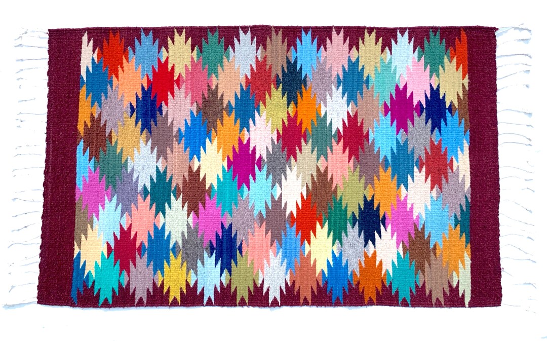 Zapotec Oaxacan Multi Color Star Sheep Wool Rug, 23x39 Hand Woven ...