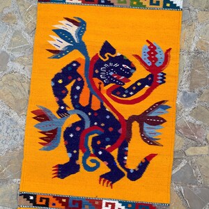 Mayan Healing Jaguar Rug, 24x38 Inches Hand Woven Zapotec Tapestry ...