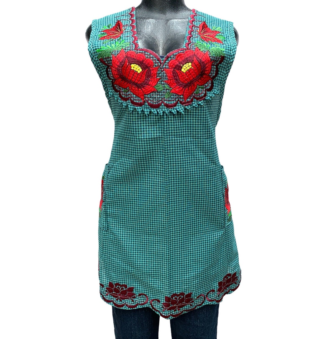 XL Mexican Apron: Green Floral Embroidered Pinafore - Etsy