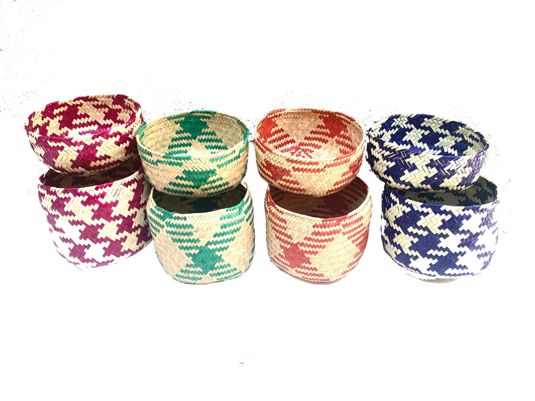 Small Palm Leaf Baskets, Set of 4 Lidded Storage Cylinder Natural Bin ...