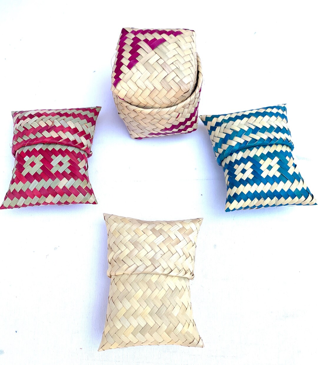 Small Palm Leaf Jewelry Baskets, Set of 4 Lidded Storage Mini Pockets ...