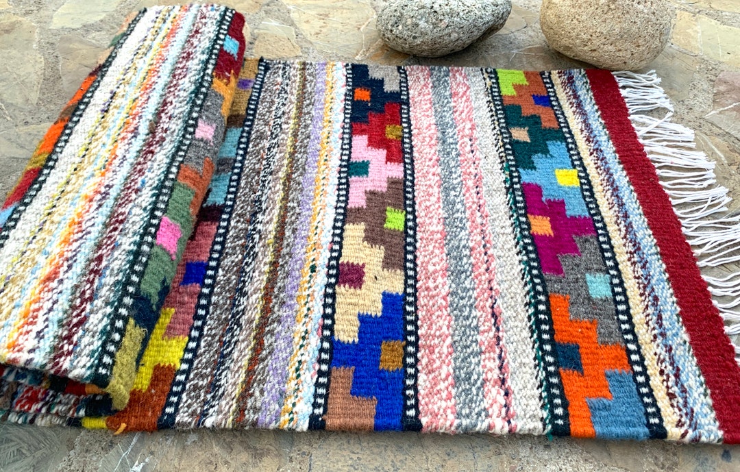 Zapotec Multicolor Rug Runner, 16"x39" Natural Wool Runner, Geometric ...