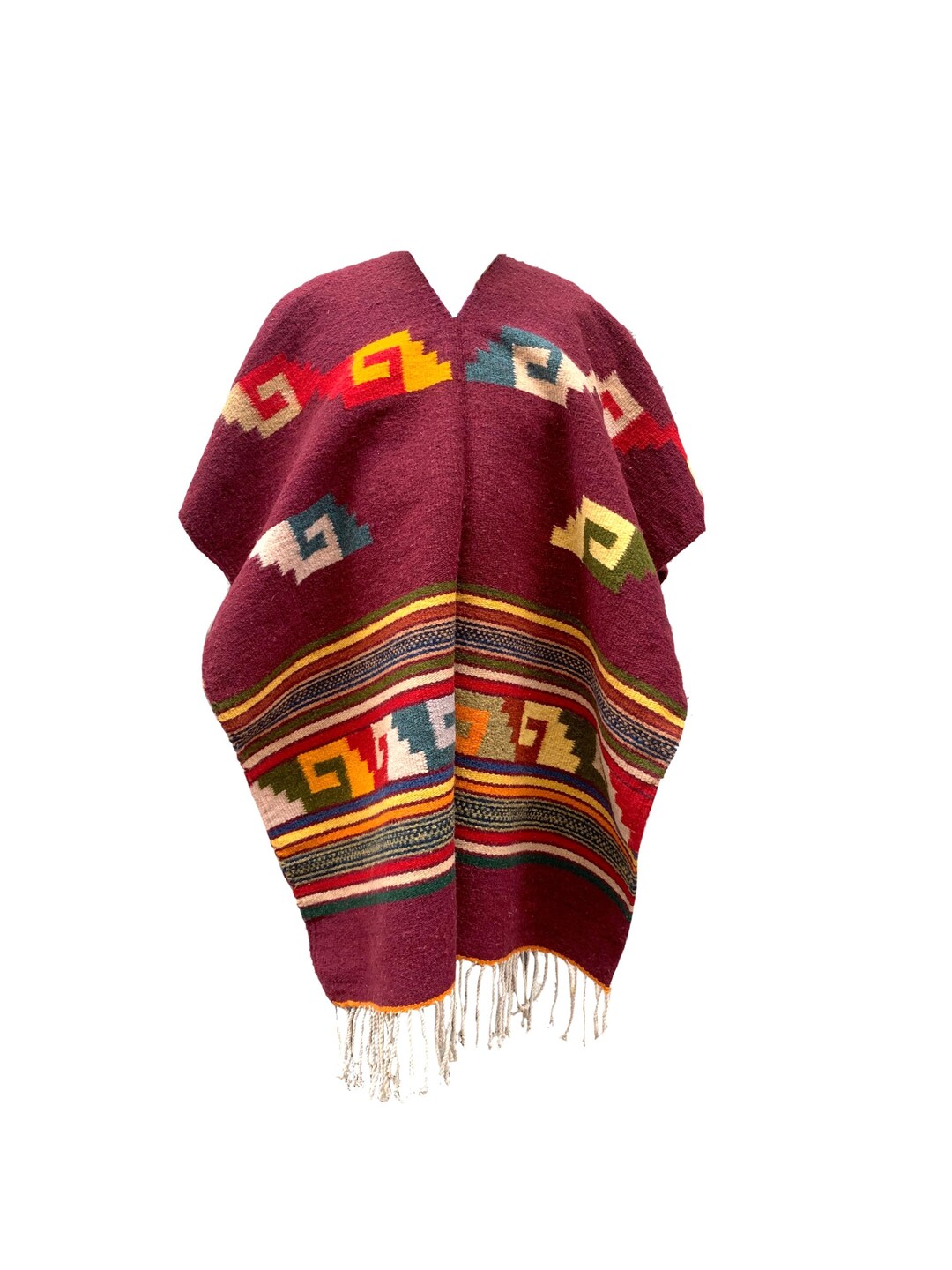 Mexican Rug Poncho, Burgundy Geometric Hand Woven Adult Wrap - Etsy
