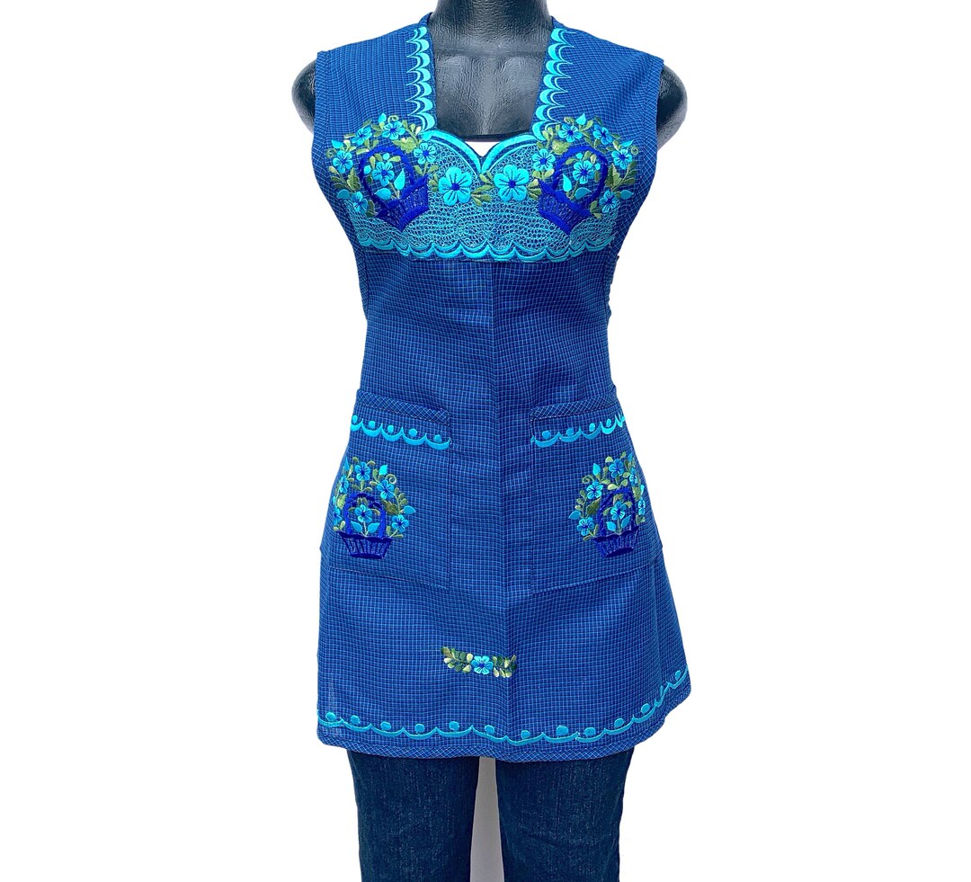 Small Mexican Blue Apron Floral Embroidered Outfit Full Cover ...