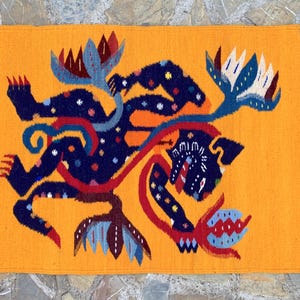 Mayan Healing Jaguar Rug, 24x38 Inches Hand Woven Zapotec Tapestry ...