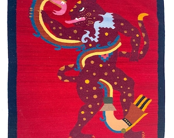 Mayan Healing Jaguar Rug, 24x38 Inches Hand Woven Zapotec Tapestry ...