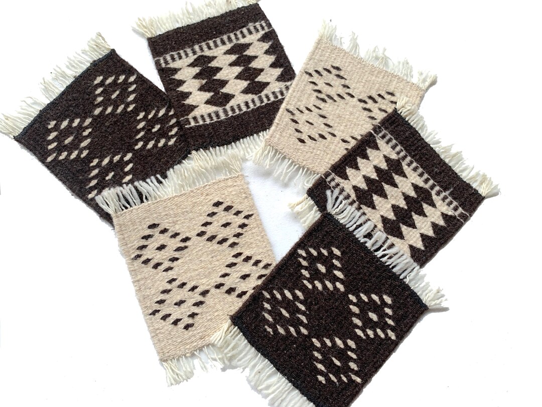 White & Black Wool Mug Rug Coaster, 5"x5.5" Zapotec Hand Woven Rug ...