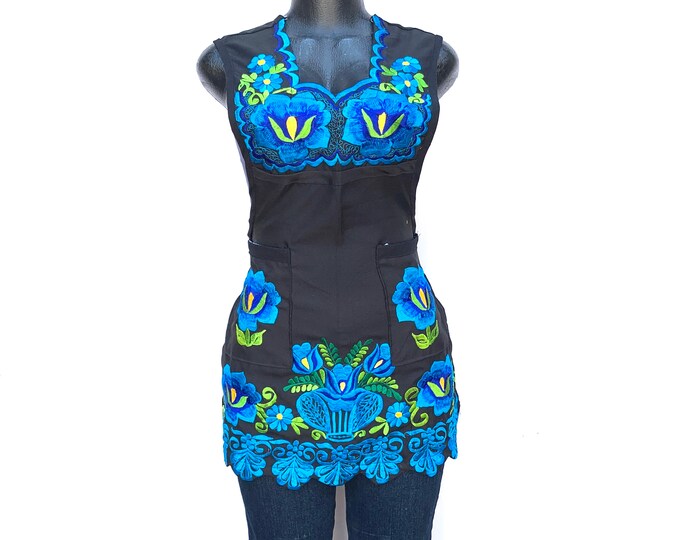 Black Small Mexican Woman Apron and Blue Floral Embroidery, Handy ...