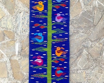 Blue Woven Bird Tree of Life Wool Rug Small Runner, 9x40 Inches Hand ...