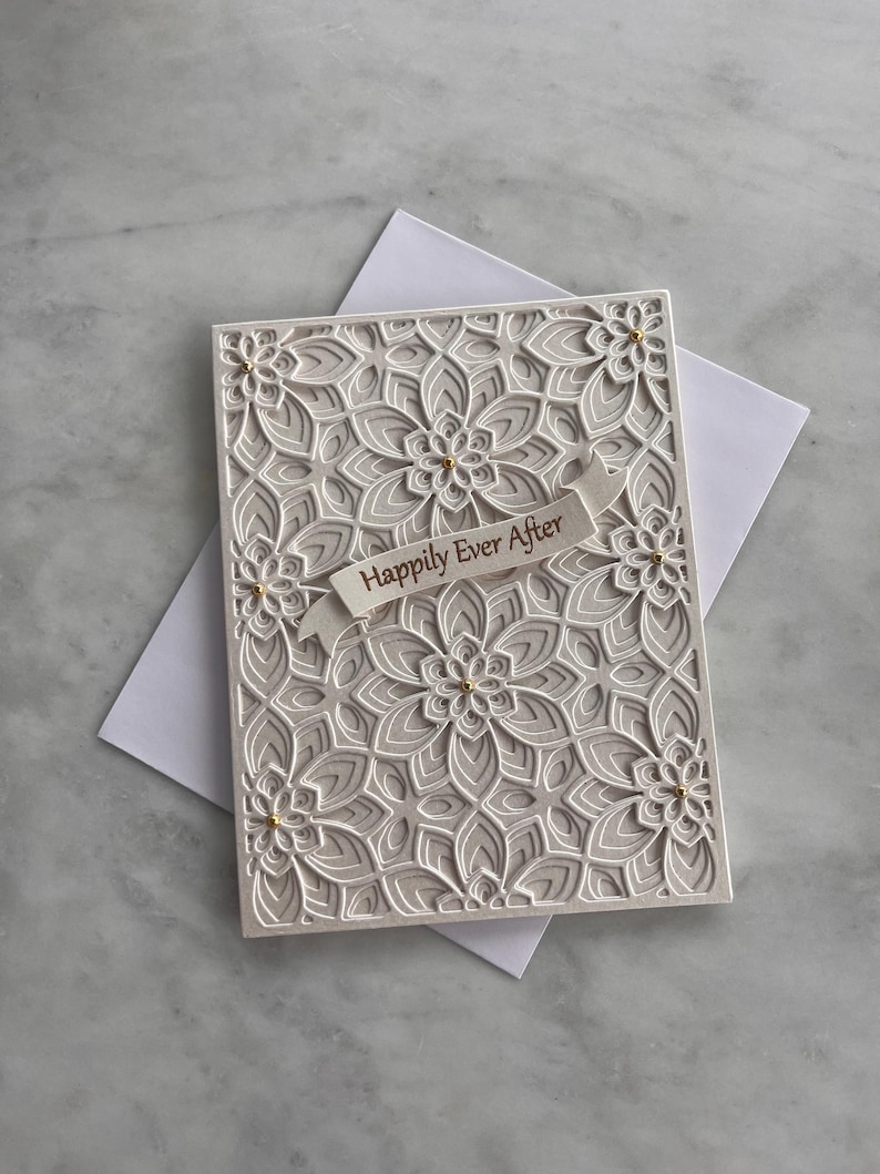 Handmade Wedding Card – Shimmer Ivory Lace, Gold Pearls, Happily Ever ...
