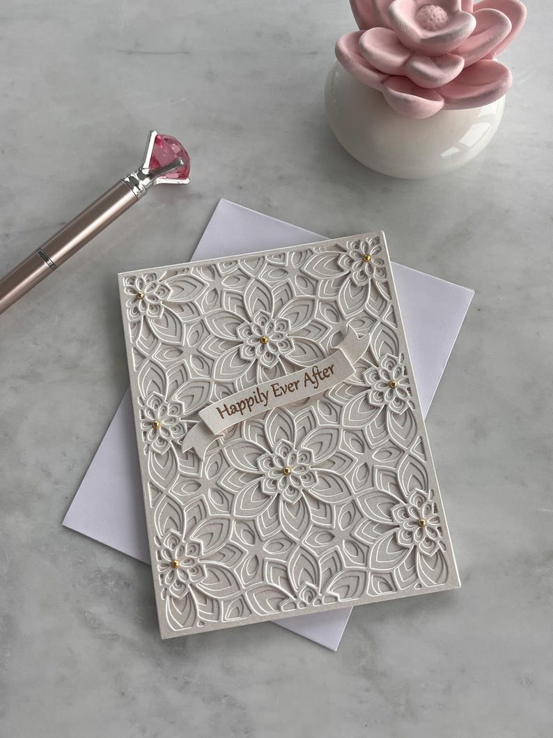 Handmade Wedding Card – Shimmer Ivory Lace, Gold Pearls, Happily Ever ...