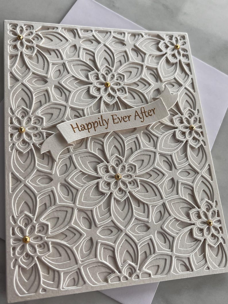 Handmade Wedding Card – Shimmer Ivory Lace, Gold Pearls, Happily Ever ...