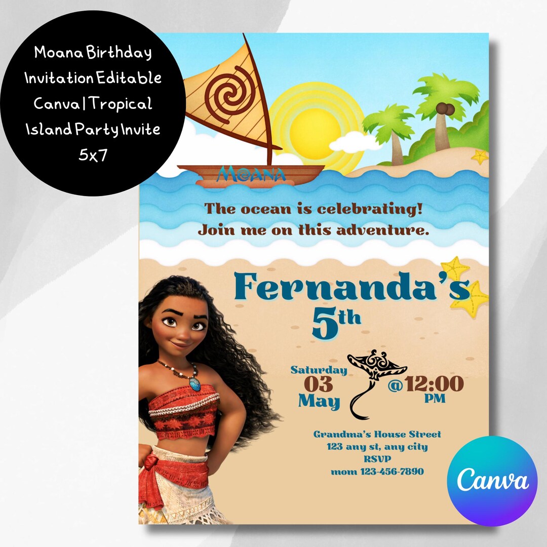 Moana Birthday Invitation Editable Canva | Tropical Island Party Invite ...