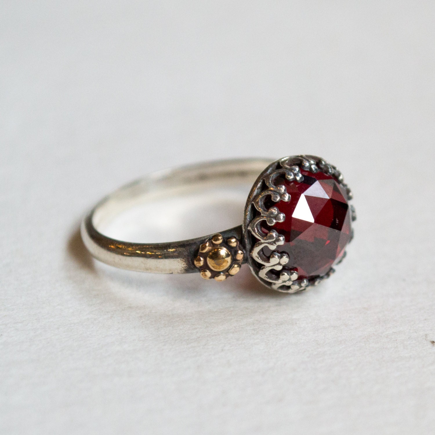 Garnet Ring, Silver Gold Ring, Floral Ring, Crown Ring, Engagement Ring ...