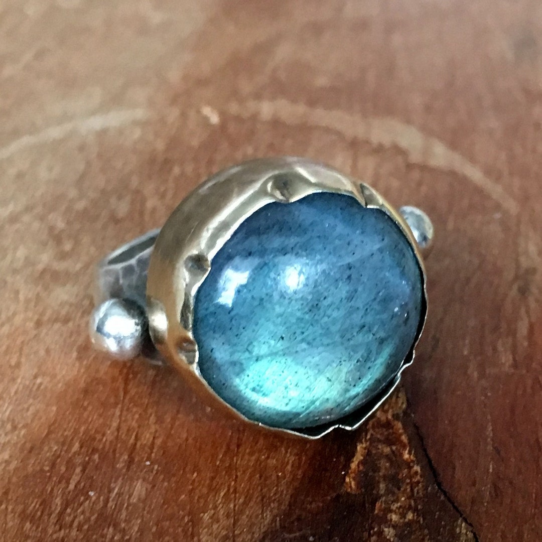 Labradorite Ring, Blue Gemstone Ring, Sterling Silver Gold Ring, Two ...