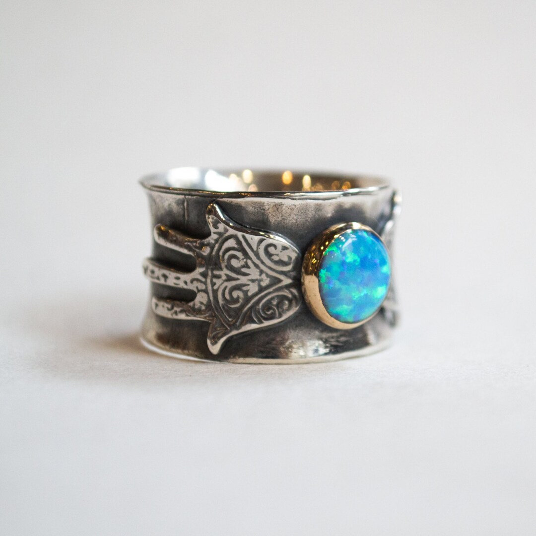Hamsa Silver Ring, Silver Gold Ring, Hand of Fatima Ring, Opal Ring ...
