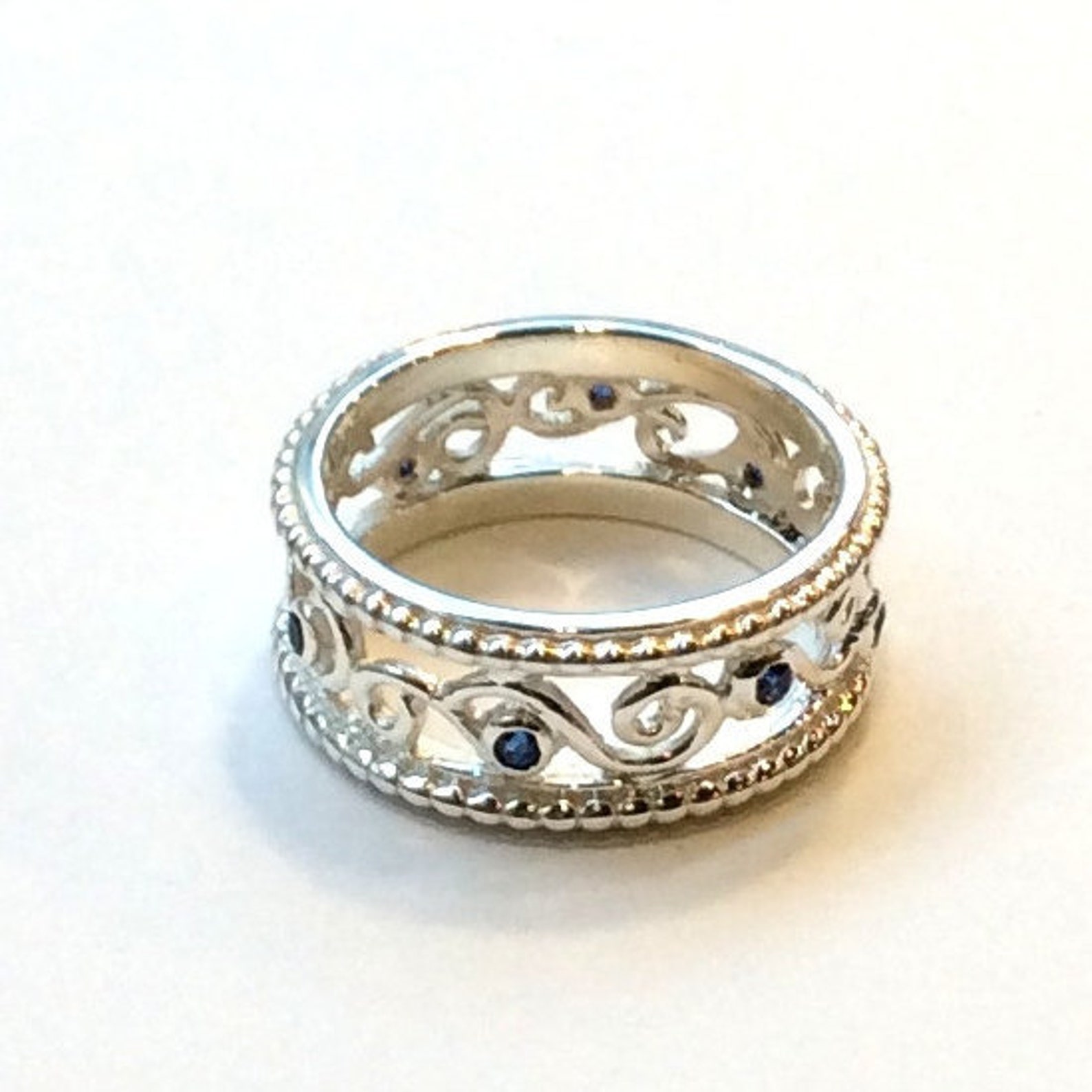 Blue Sapphires Ring, Sterling Silver Ring, Blue Stones Band, Wide Band ...