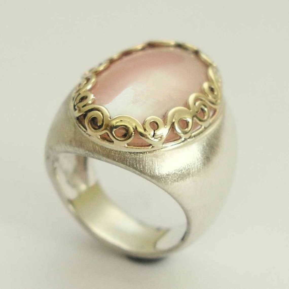 Rose Quartz Two Tones Oval Gemstone Silver Gold Statement Ring- Too ...