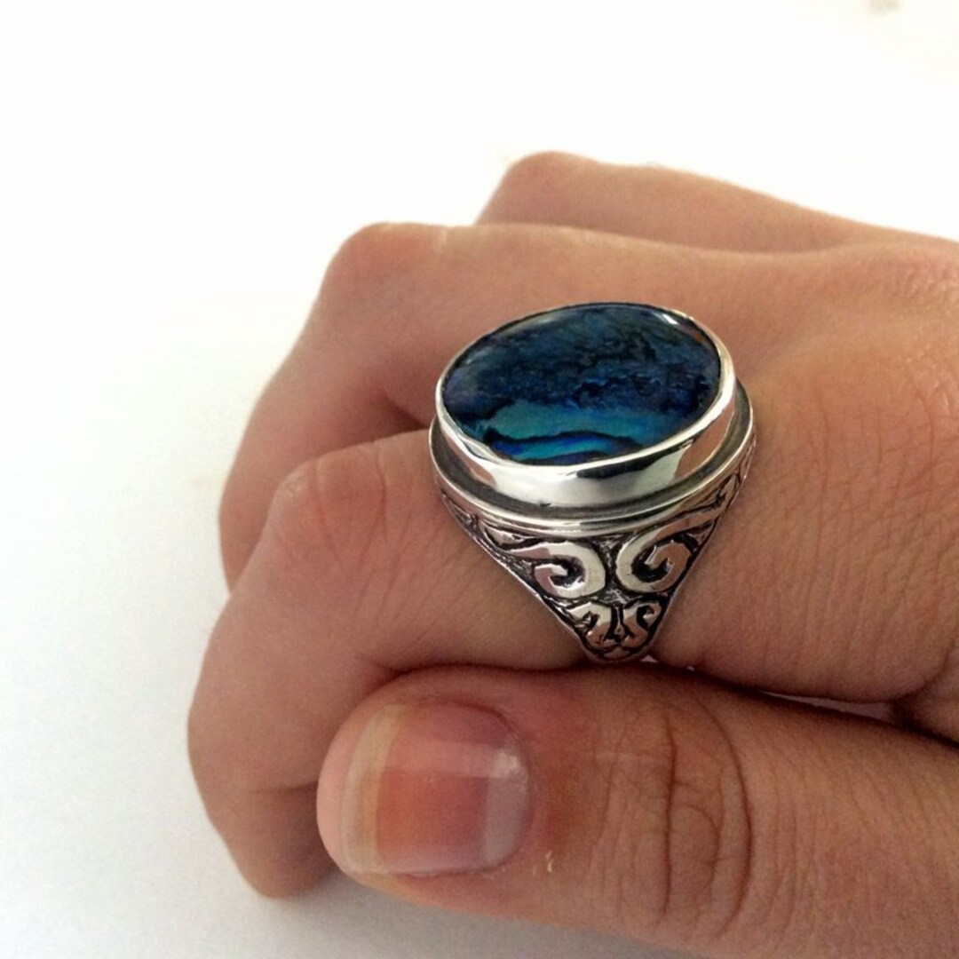 Blue Shell Ring, Round Silver Ring, Sterling Silver Ring, Large Stone ...