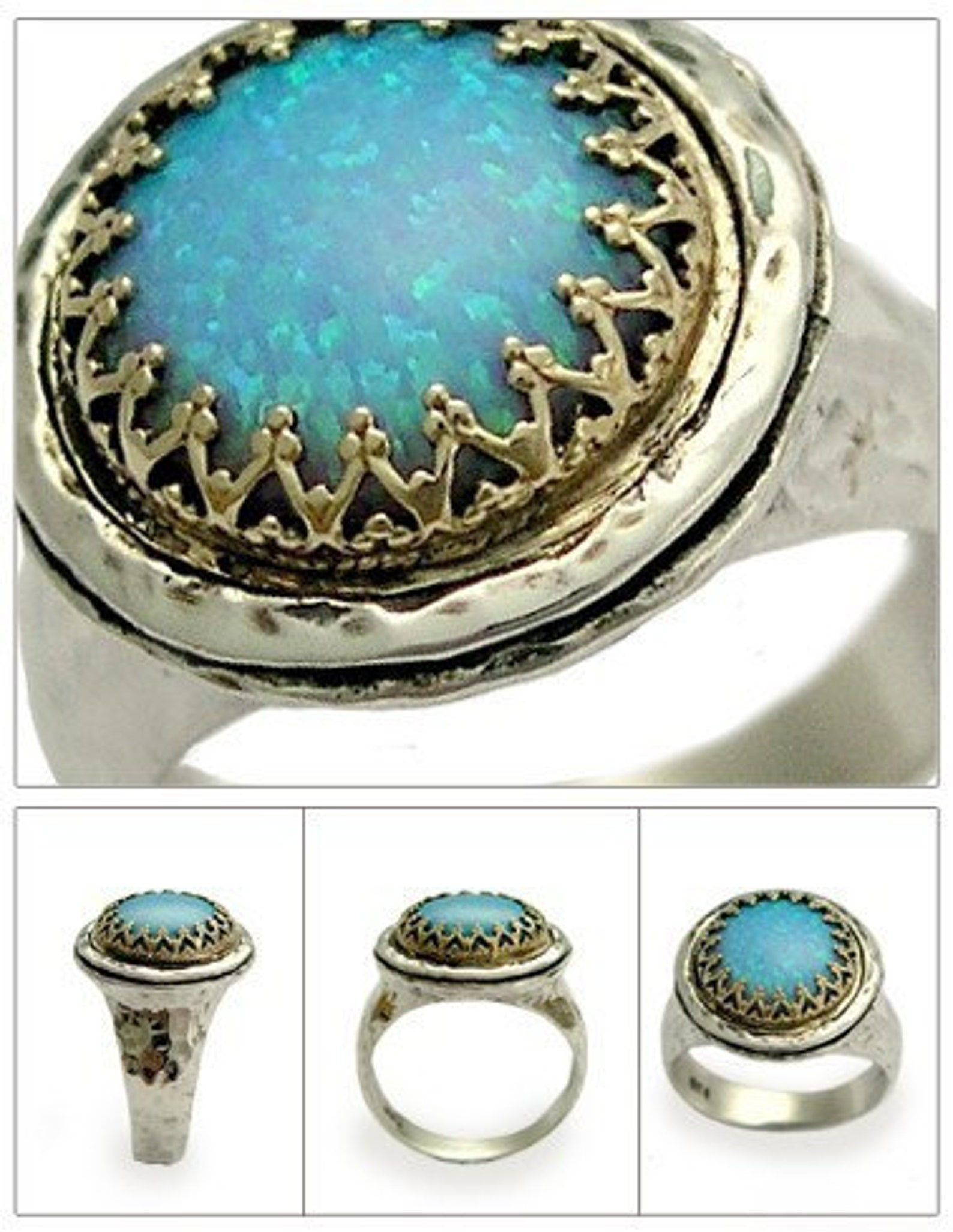 Blue Opal Ring, Sterling Silver Ring, Silver Gold Ring, Filigree Ring ...