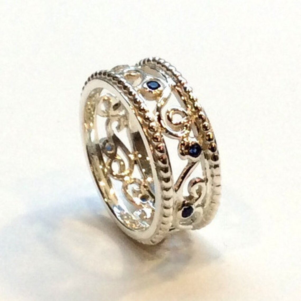 Blue Sapphires Ring, Sterling Silver Ring, Blue Stones Band, Wide Band ...