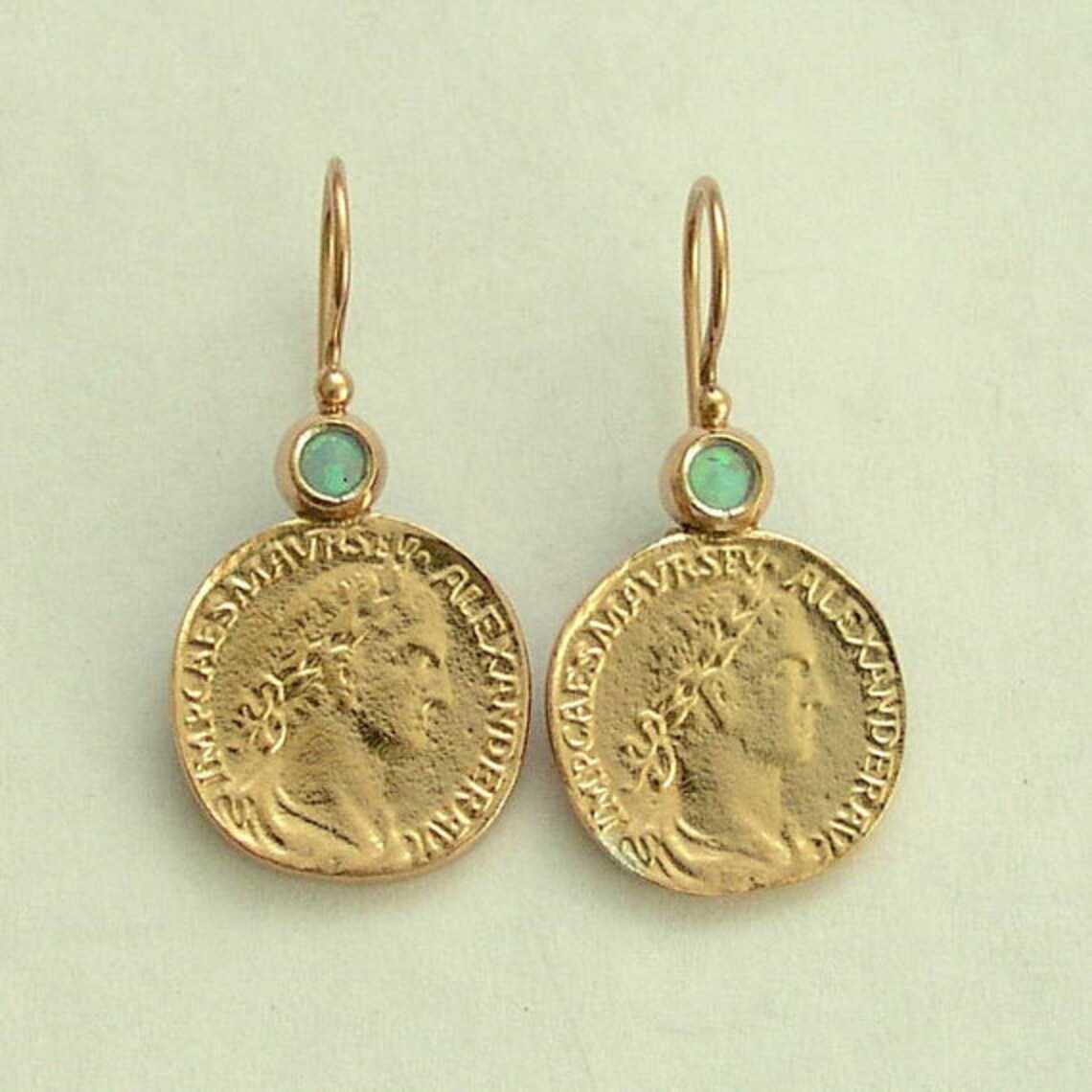 14k Yellow Gold Earrings, Antique Style Earrings, Coin Earrings, Opal ...