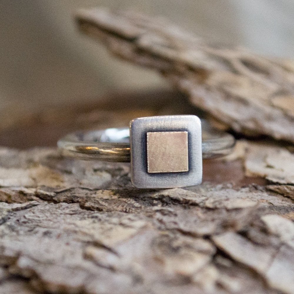 Square ring Mixed Metals Ring tiny square ring two tones | Etsy