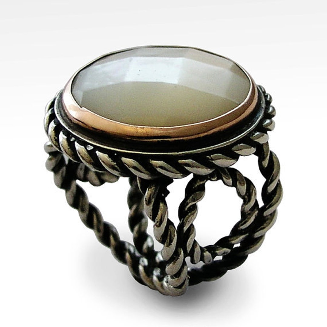Round Shell Ring, Sailor Rope Ring, Cocktail Ring, Mixed Metals Ring ...