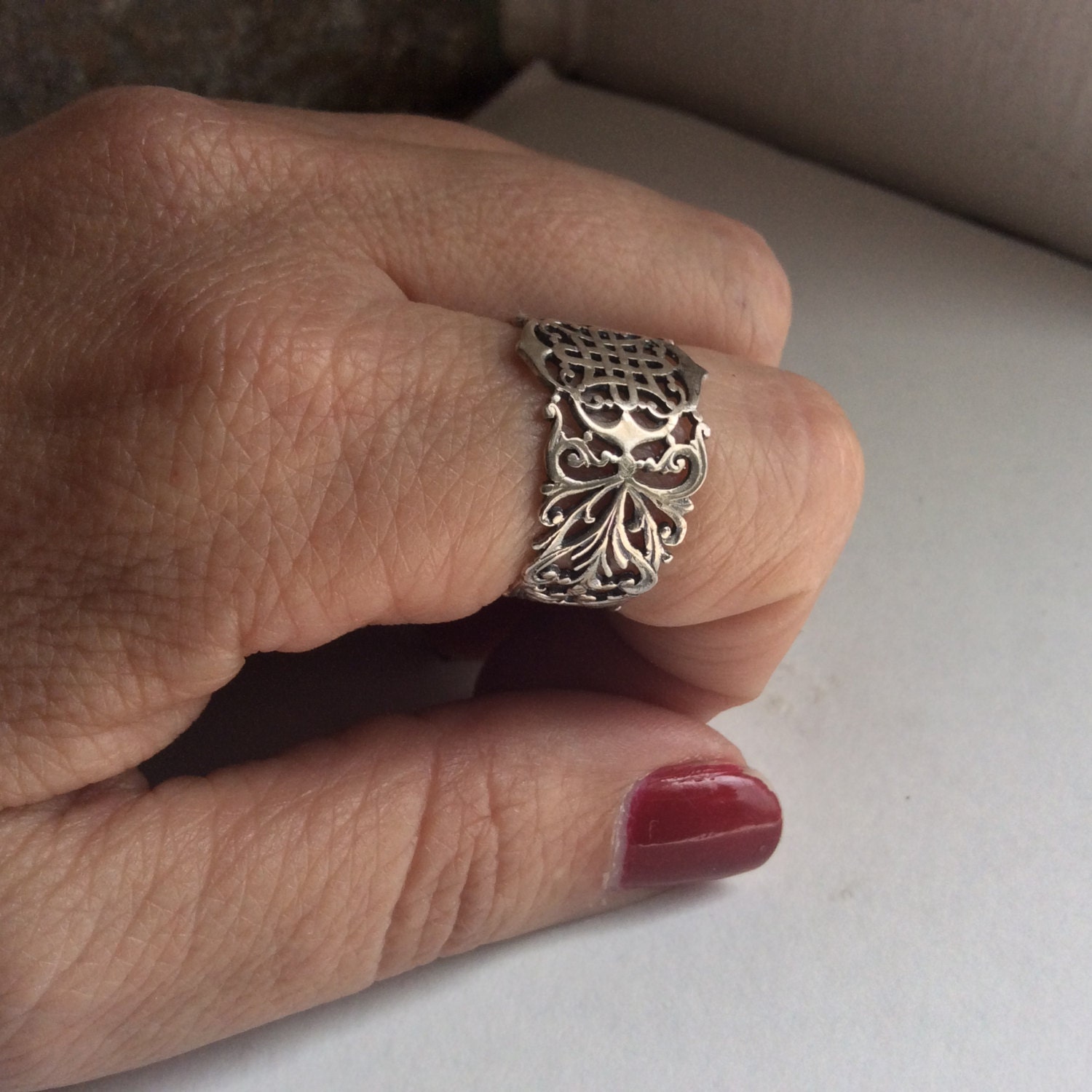 Thumb ring unique ring for her Silver Band wide filigree | Etsy