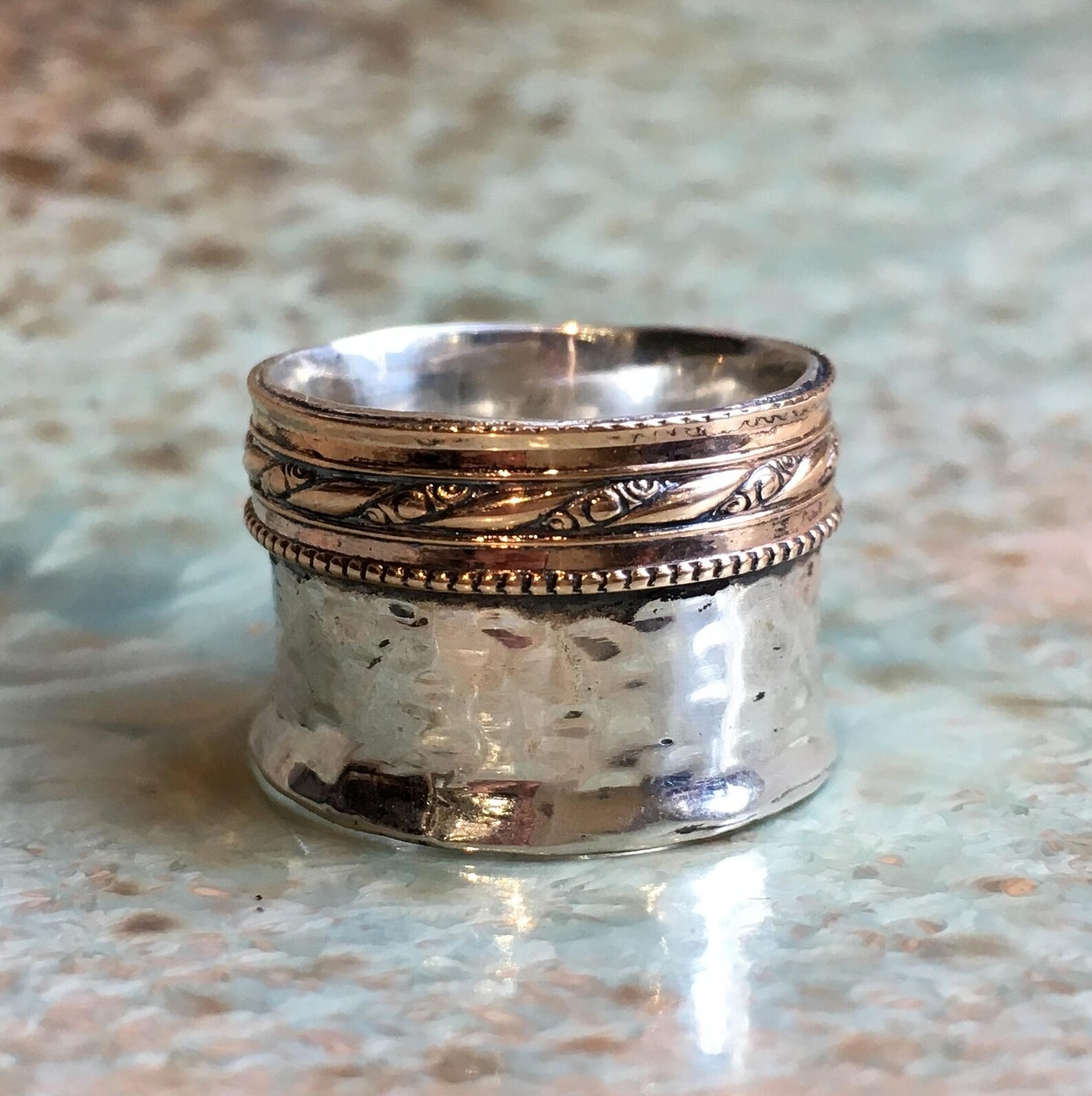Two Toned Wide Band, Sterling Silver Ring, Hammered Silver Band, Yellow ...