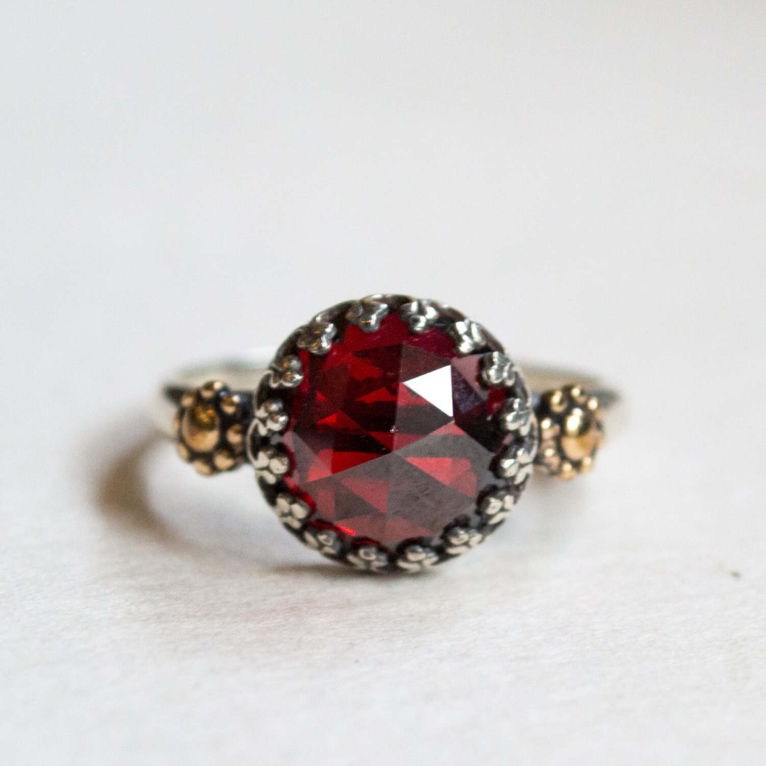 Garnet Ring, Silver Gold Ring, Floral Ring, Crown Ring, Engagement Ring ...