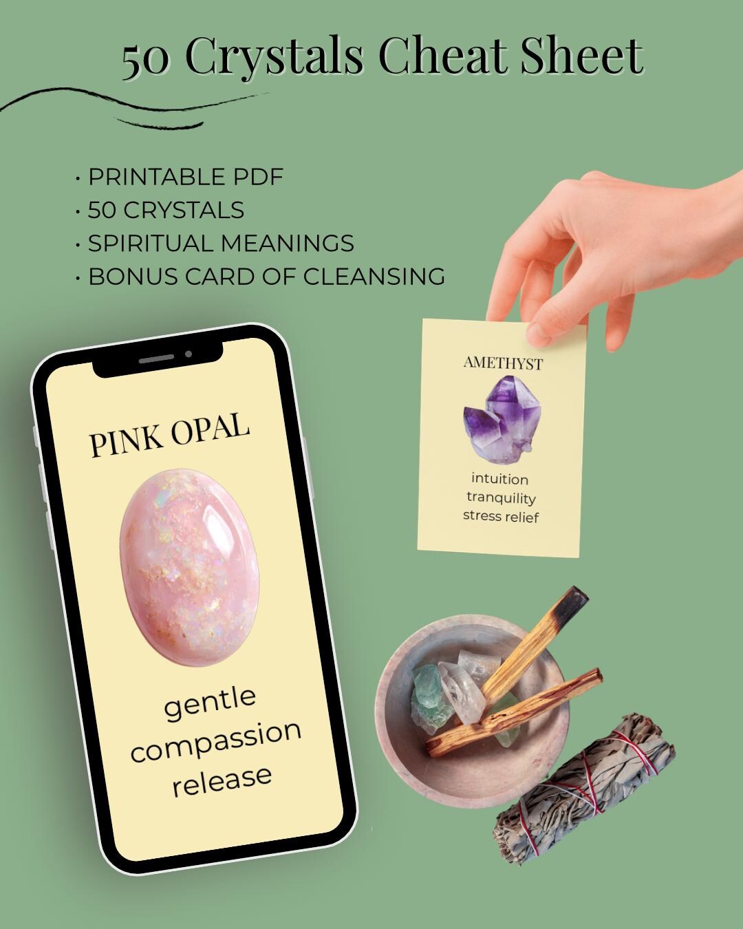 50 Crystal Meanings Cheat Sheet | Sage Green Printable (digital ...