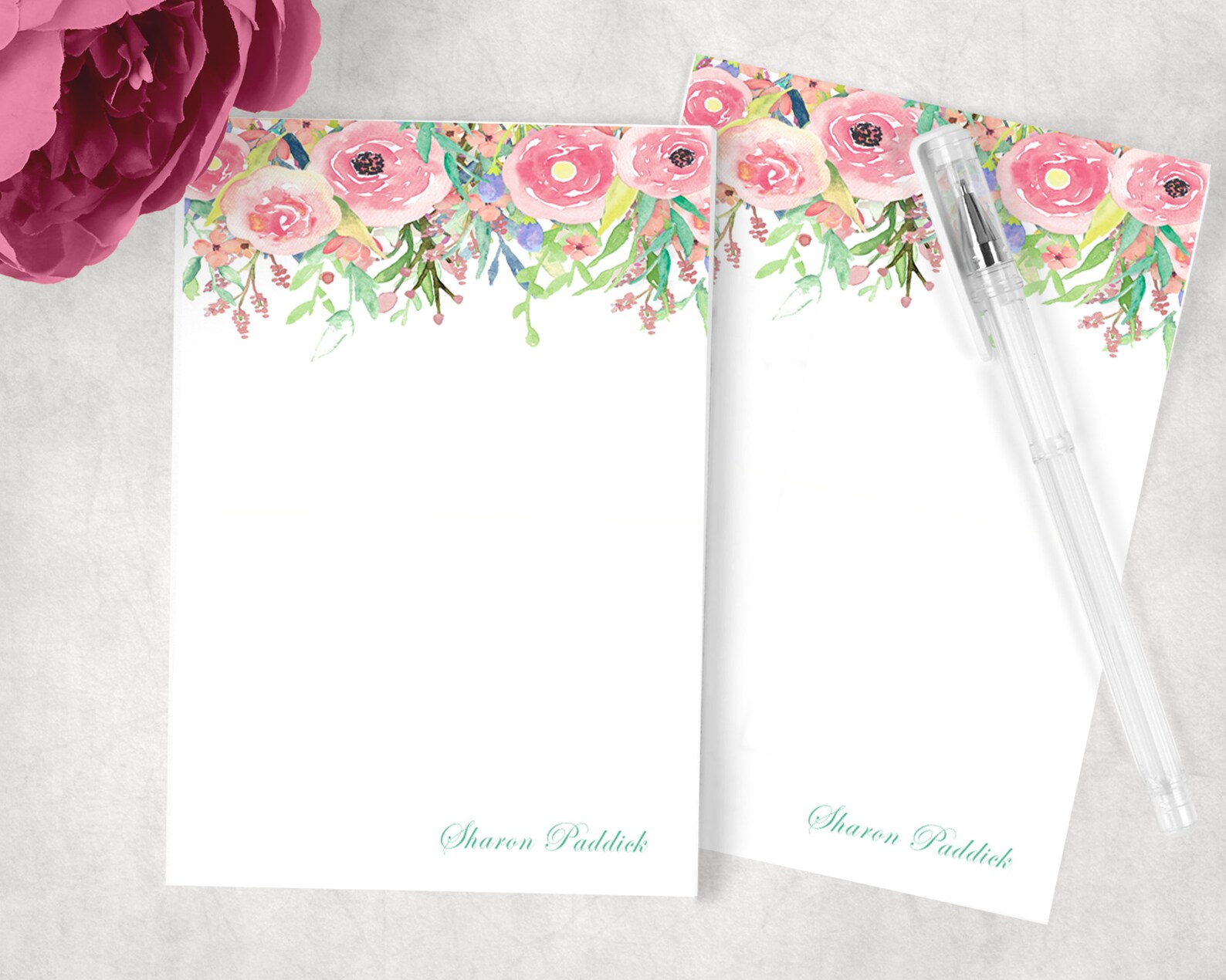 Personalized Notepad, Pink Watercolor Floral, Floral Notepad ...