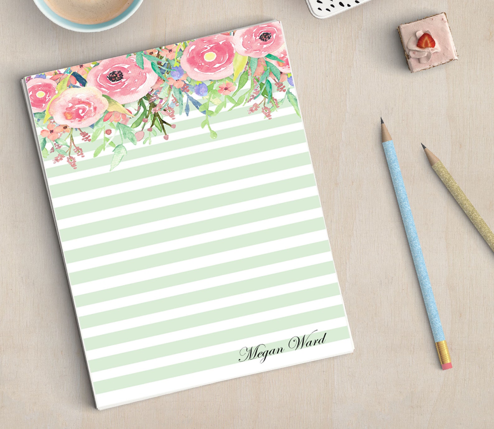 Personalized Notepad, MINT GREEN Watercolor Floral, Floral Notepad ...