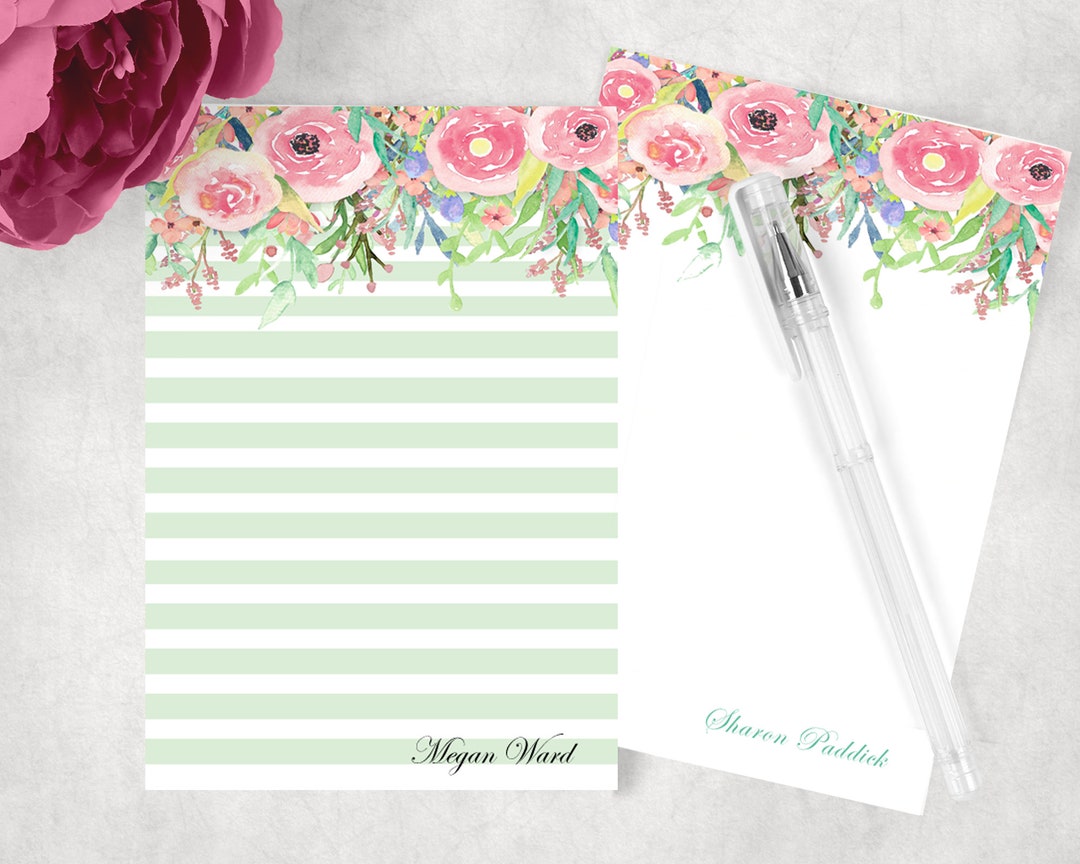 Personalized Notepad, MINT GREEN Watercolor Floral, Floral Notepad ...