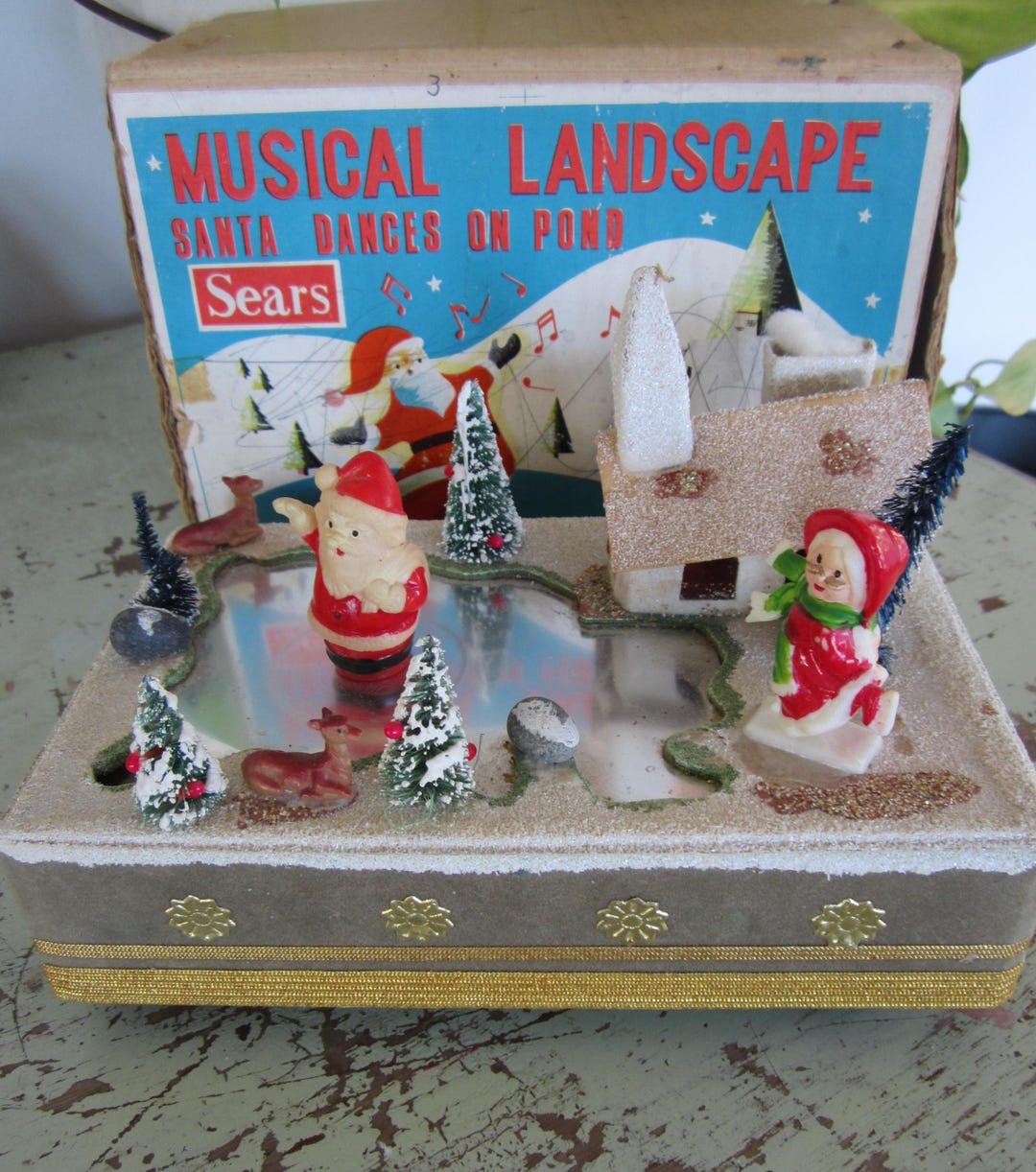 Vintage Sears Musical Landscape Christmas Music Box Santa Dances on ...