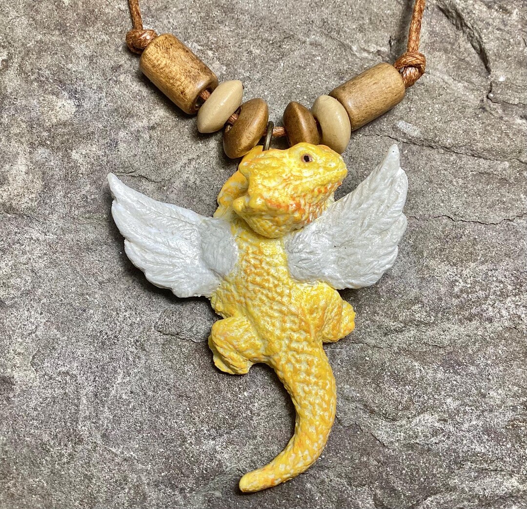 Bearded Dragon Angel Wings Pendant Yellow With Beads Handmade New! - Etsy