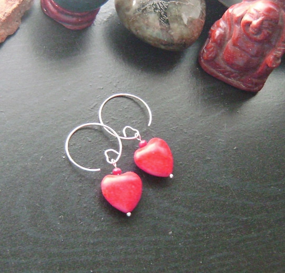 Red Heart Valentines Earrings -red Howlite With Red Crystals on Heart ...
