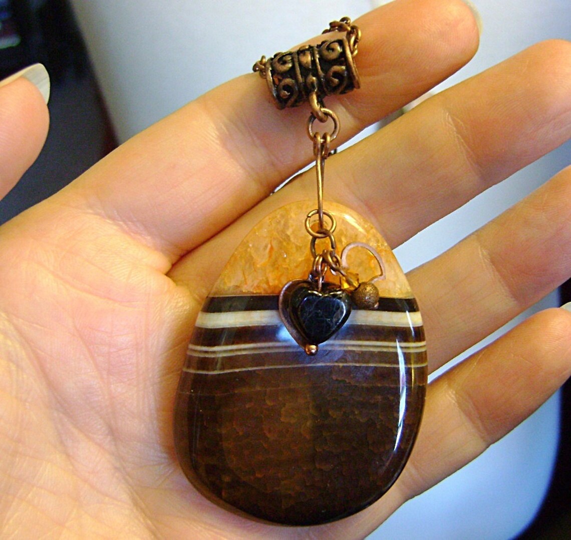 Brown Striped Agate With Red Agate Hearts and Brown Opal Squares Copper ...