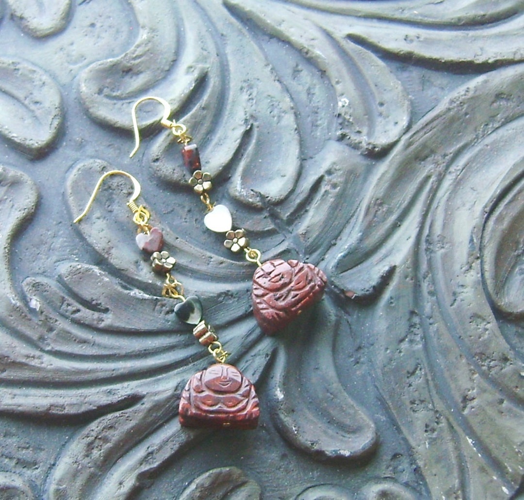 Poppy Jasper Heart and Buddha Gemstone Earrings -heart of Buddha- Brown ...