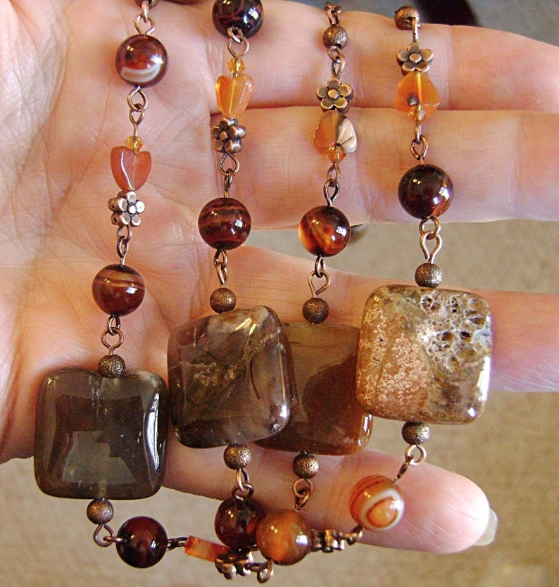 Brown Striped Agate With Red Agate Hearts and Brown Opal Squares Copper ...