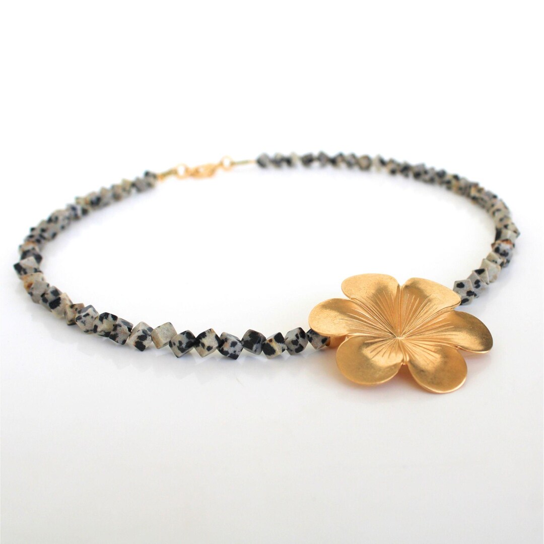 Statement Floral Choker Necklace With Gold Flower Pendant & Dalmatian ...