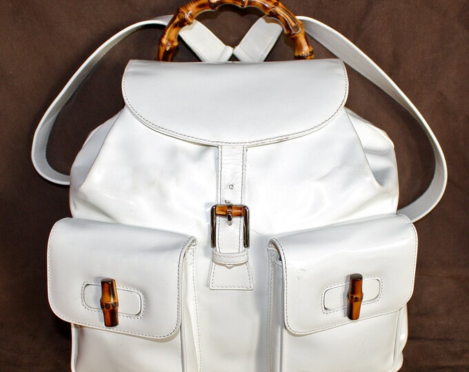Vintage GUCCI Backpack White Patent Leather Bamboo Large Rucksack ...