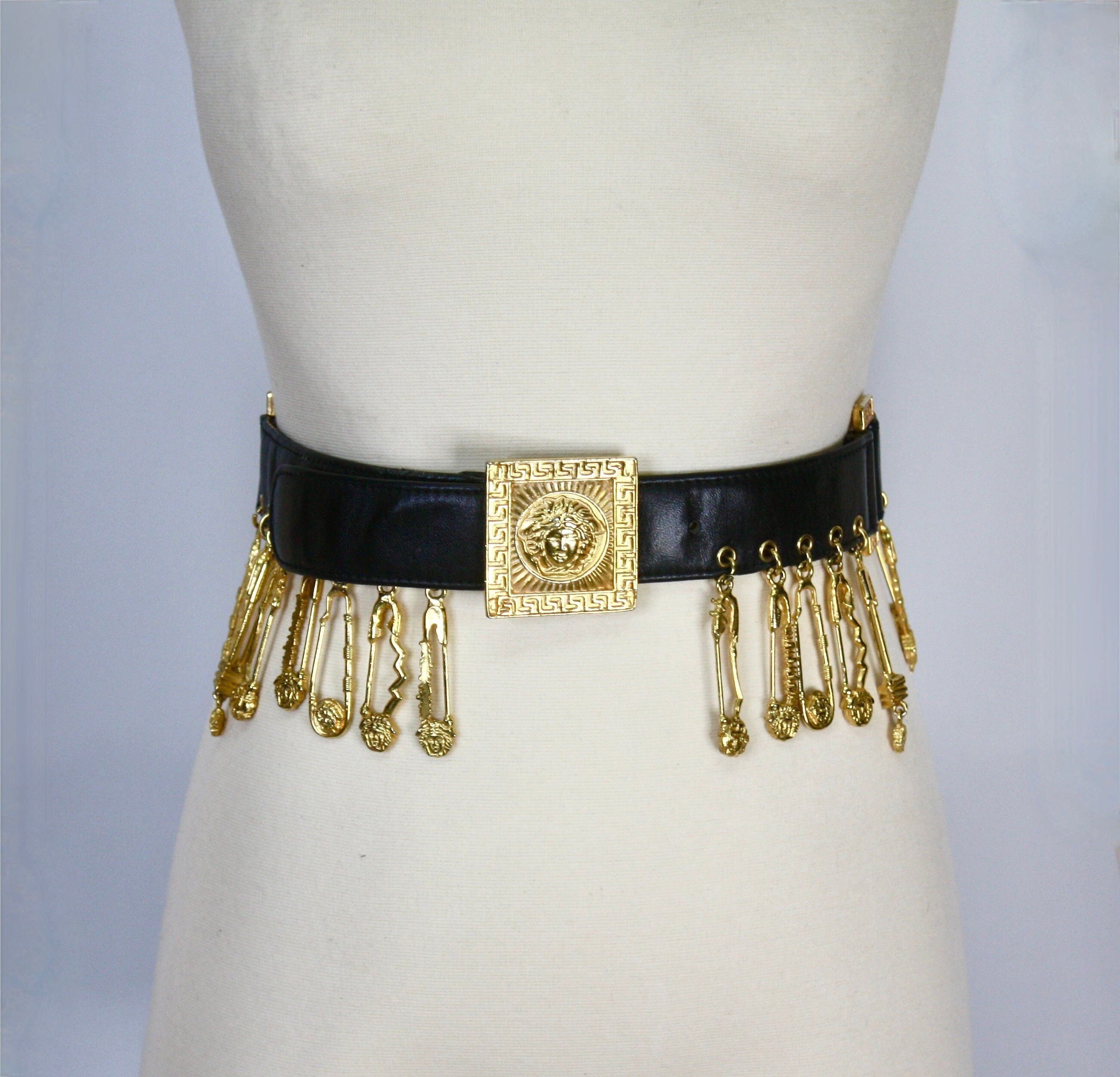 GIANNI VERSACE Vintage Safety Pin Belt Gold Black Leather Medusa Head ...