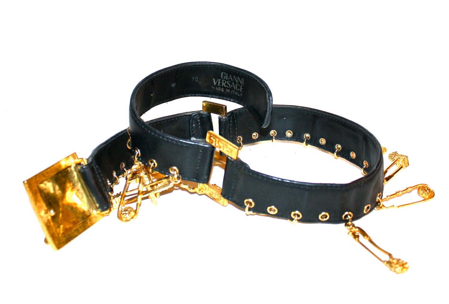 GIANNI VERSACE Vintage Safety Pin Belt Gold Black Leather Medusa Head ...