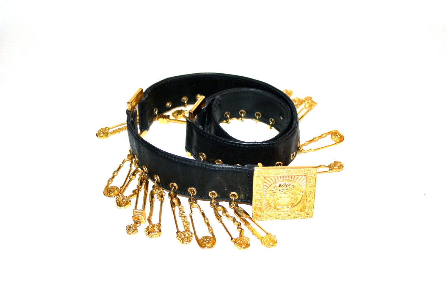GIANNI VERSACE Vintage Safety Pin Belt Gold Black Leather Medusa Head ...