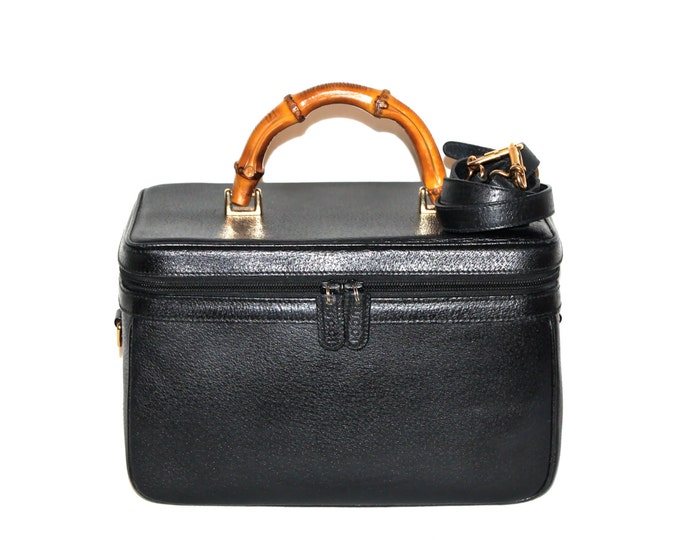 Vintage GUCCI Train Case Black Pebbled Leather Bamboo Tote -AUTHENTIC ...