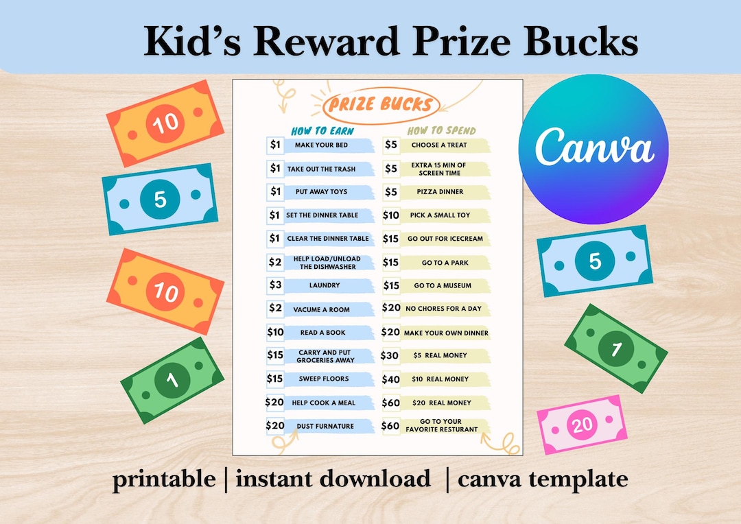 Kids Chore Chart With Fake Money Rewards: Editable Printable Template ...