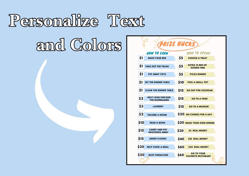 Kids Chore Chart With Fake Money Rewards: Editable Printable Template ...