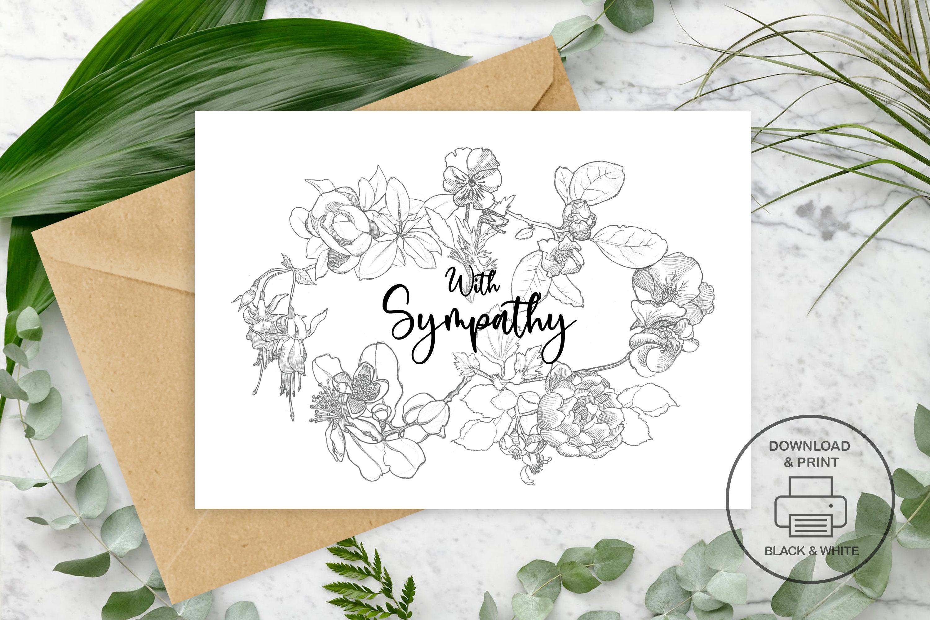 Sympathy Printable Card. Hand Illustrated, Black and White, DIY Instant ...